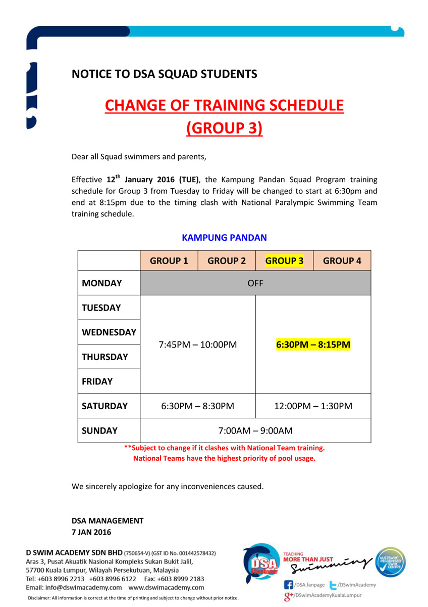 Notice of schedule change | DSA Swim Team | DSA