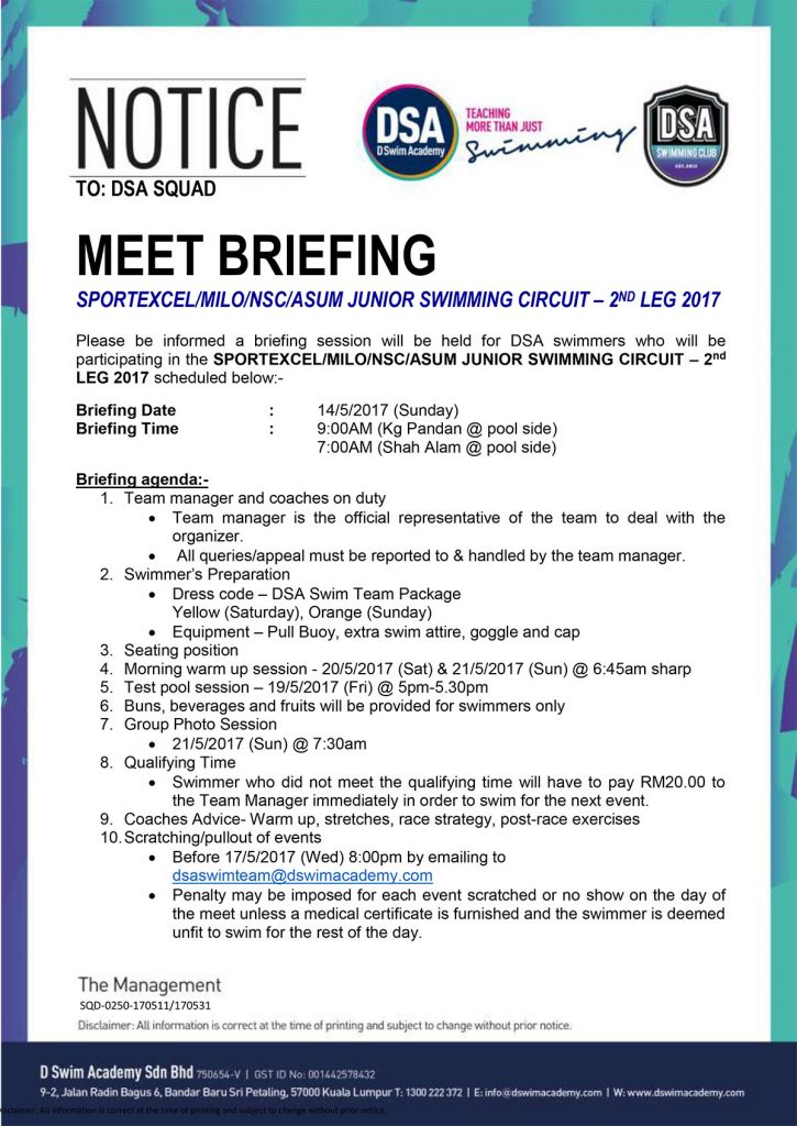 Team Briefing Notice -Sportexcel 2nd Leg 2017 | DSA Swim Team | DSA
