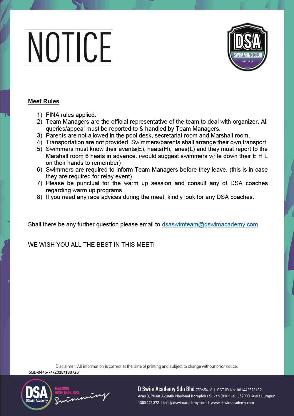 Briefing Notice - 7th Selangor Short Course | DSA Swim Team | DSA