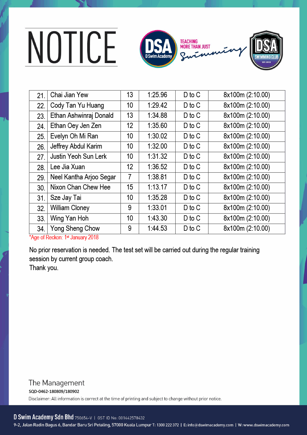 NOTICE-BOARD | DSA Swim Team | D Swim Academy (DSA)