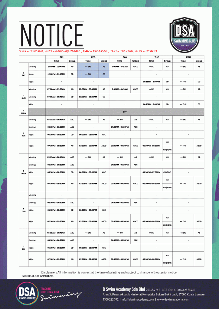 Squad December Training Schedule | DSA Swim Team | DSA