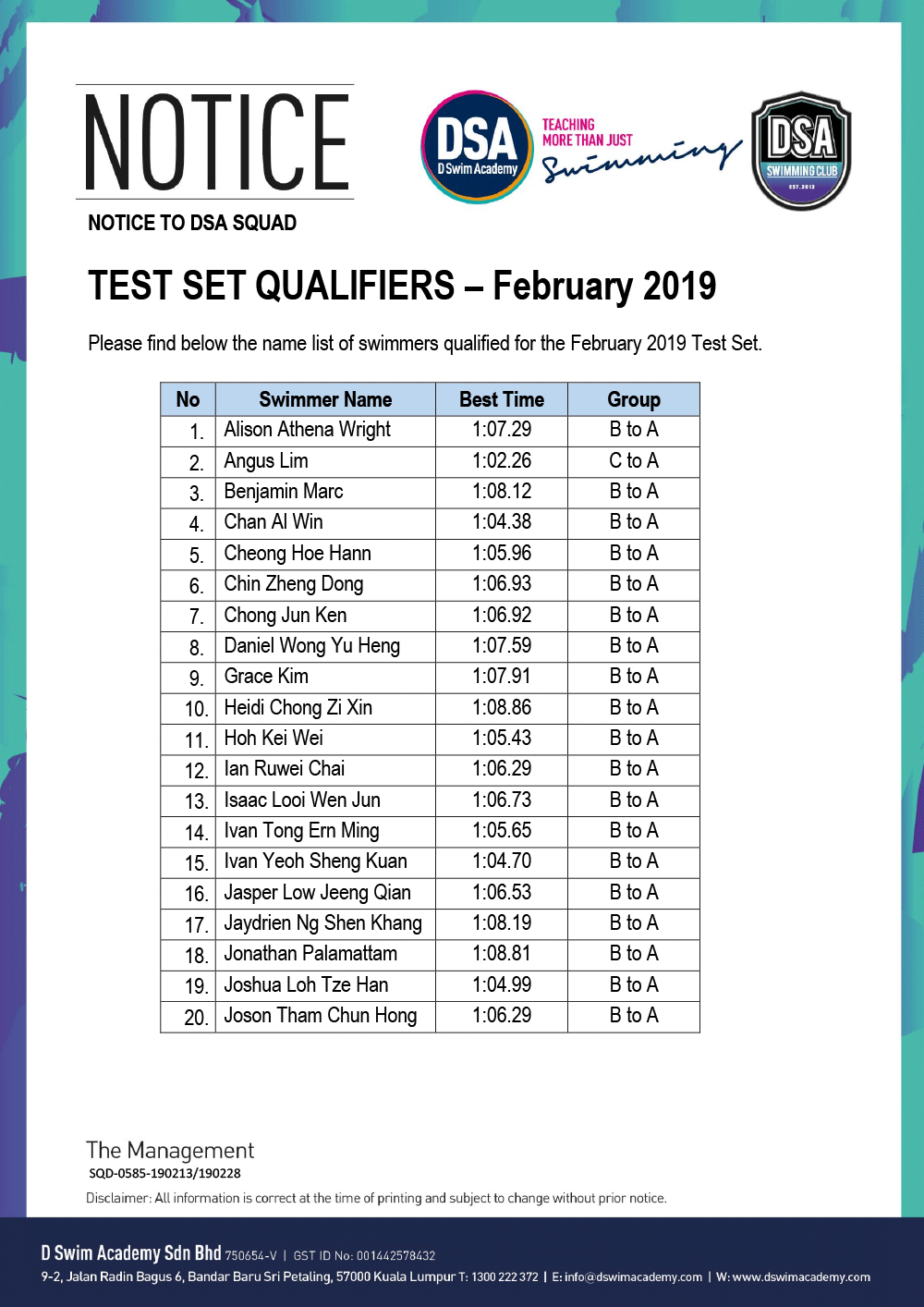 Test Set Qualifiers - February 2019 | DSA Swim Team | D Swim Academy