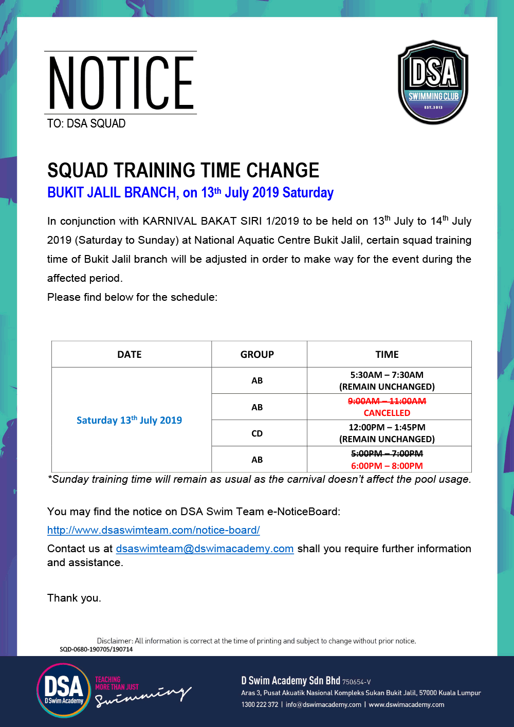 Squad Training -Time Change | DSA Swim Team | DSA