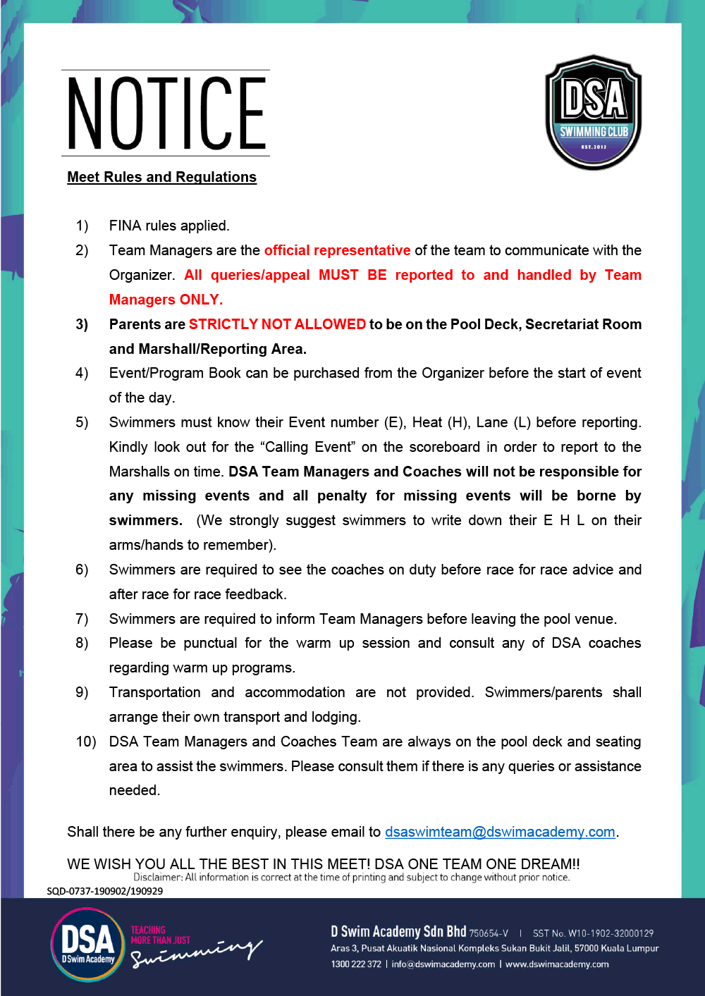 Briefing Notice - Selangor Short Course 2019 | DSA Swim Team | D Swim ...