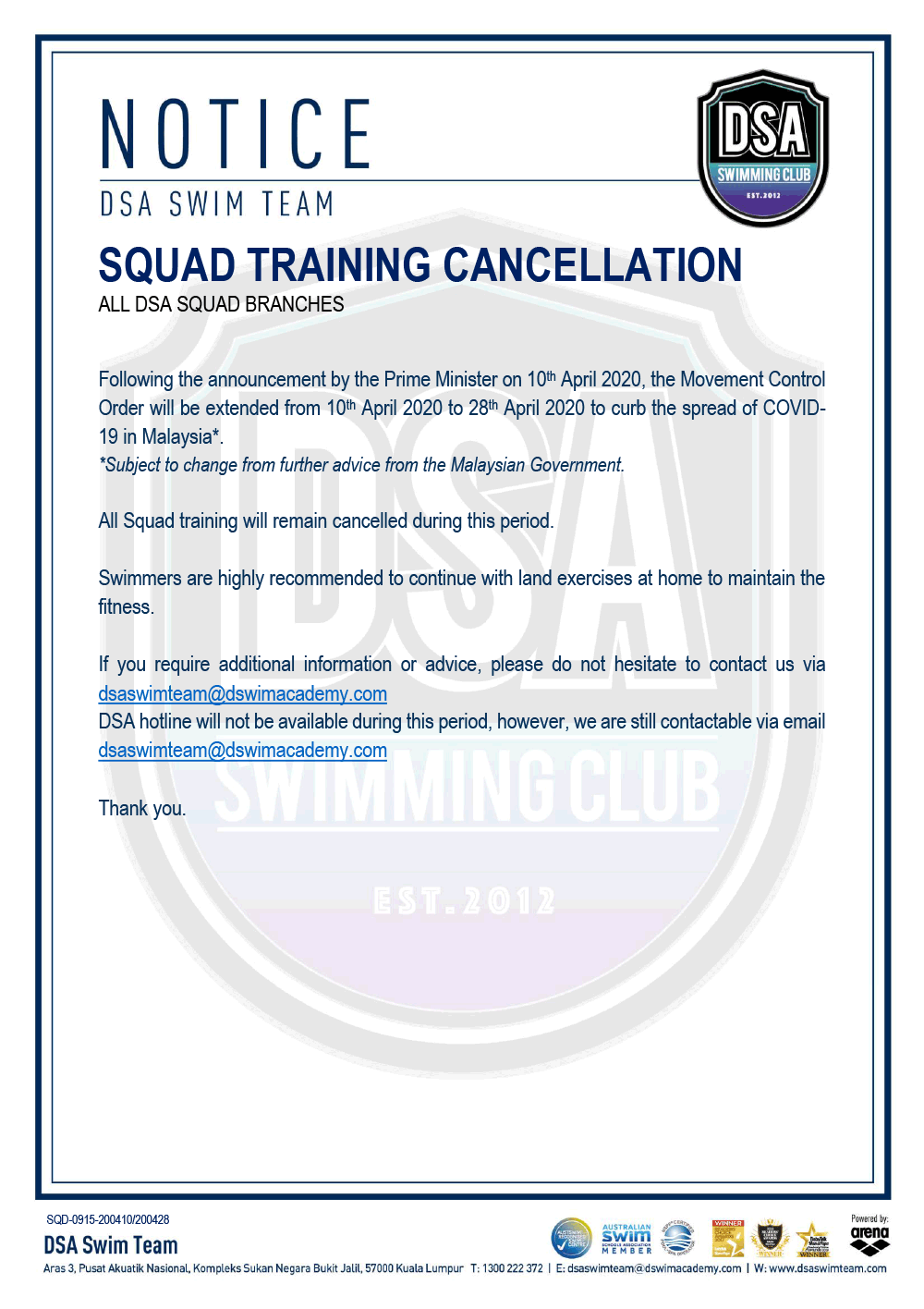 Squad Training Cancellation | DSA Swim Team | DSA