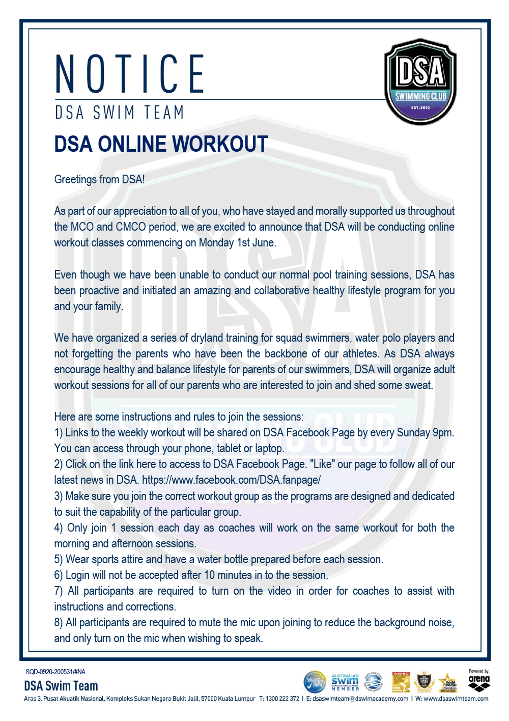 DSA Online Workout Notice | DSA Swim Team | DSA
