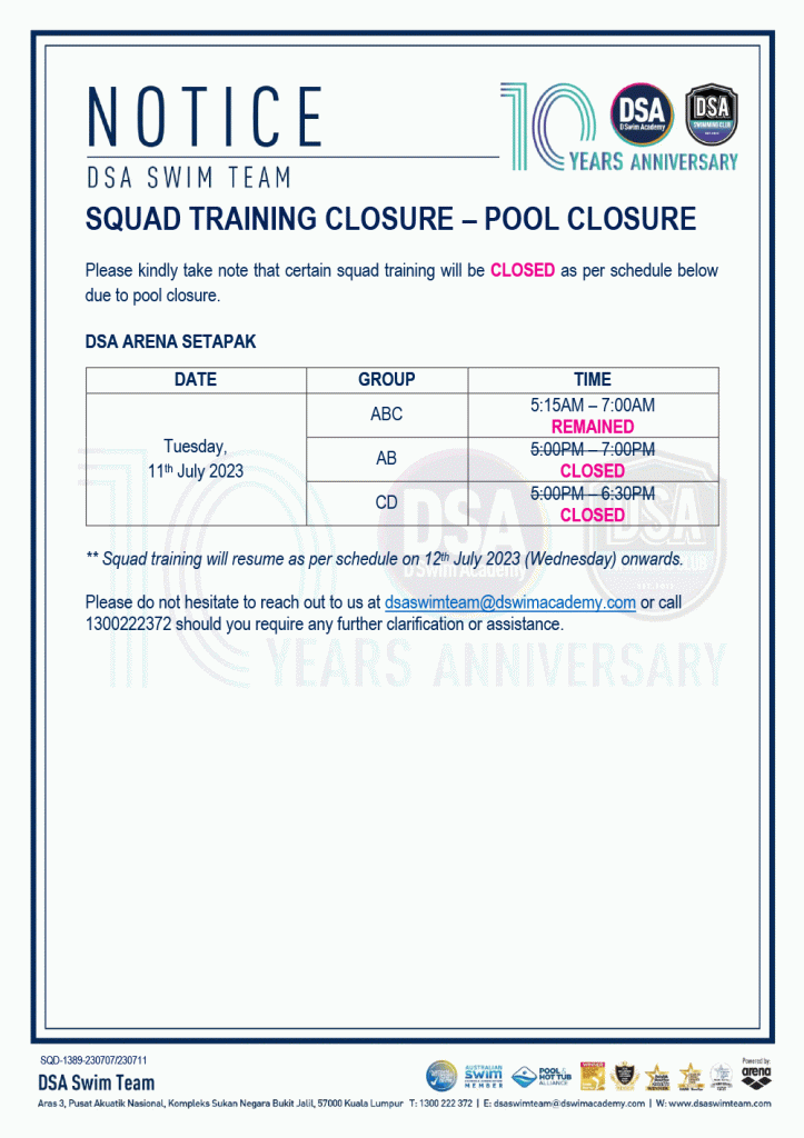 Squad Training Closure – Arena Setapak Pool Closure | DSA Swim Team | DSA