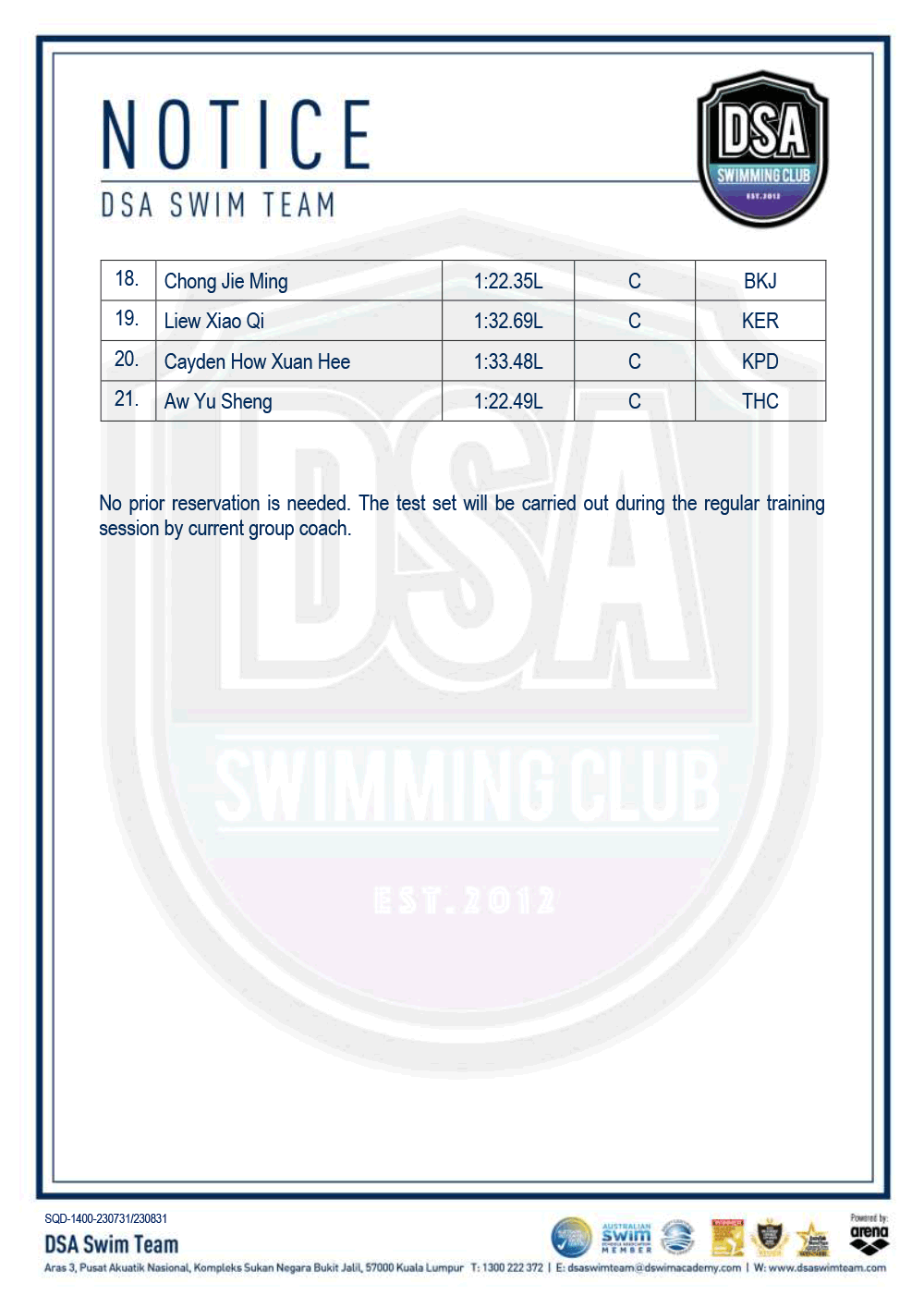 Test Set Qualifiers – August 2023 | DSA Swim Team | D Swim Academy (DSA)